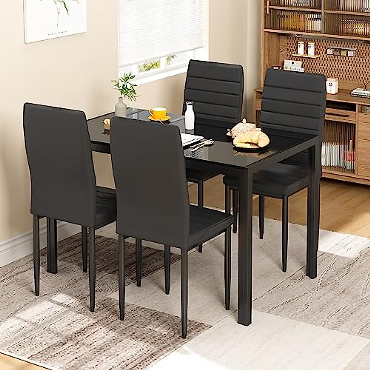 Lamerge Dining Table Set for 4, 5 Piece Kitchen Table Set with Tempered Glass Table Top and 4 Faux Leather Chairs,for Living Room,Dining Room,Kitchen,Small Space,Black (LDTS-GB)