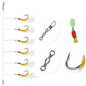 Fishing Rigs with Feathers Mackerel Feather Rigs 10Packs 60 Hooks Mackerel Feathers Sea Boat Beach Pier Lure Fishing Rigs 6 Hook Positions/Feather Rig 4 Colors Selection Pack (Yellow 15#,10Pack)
