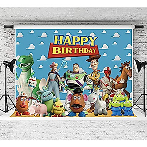 Toy Story Theme Happy Birthday Party Photography Backdrops Blue Sky White Clouds Indoor Banner 5x3ft Kids Birthday Party Photo Background Cake Table Decoration Supplies Studio Booth Props
