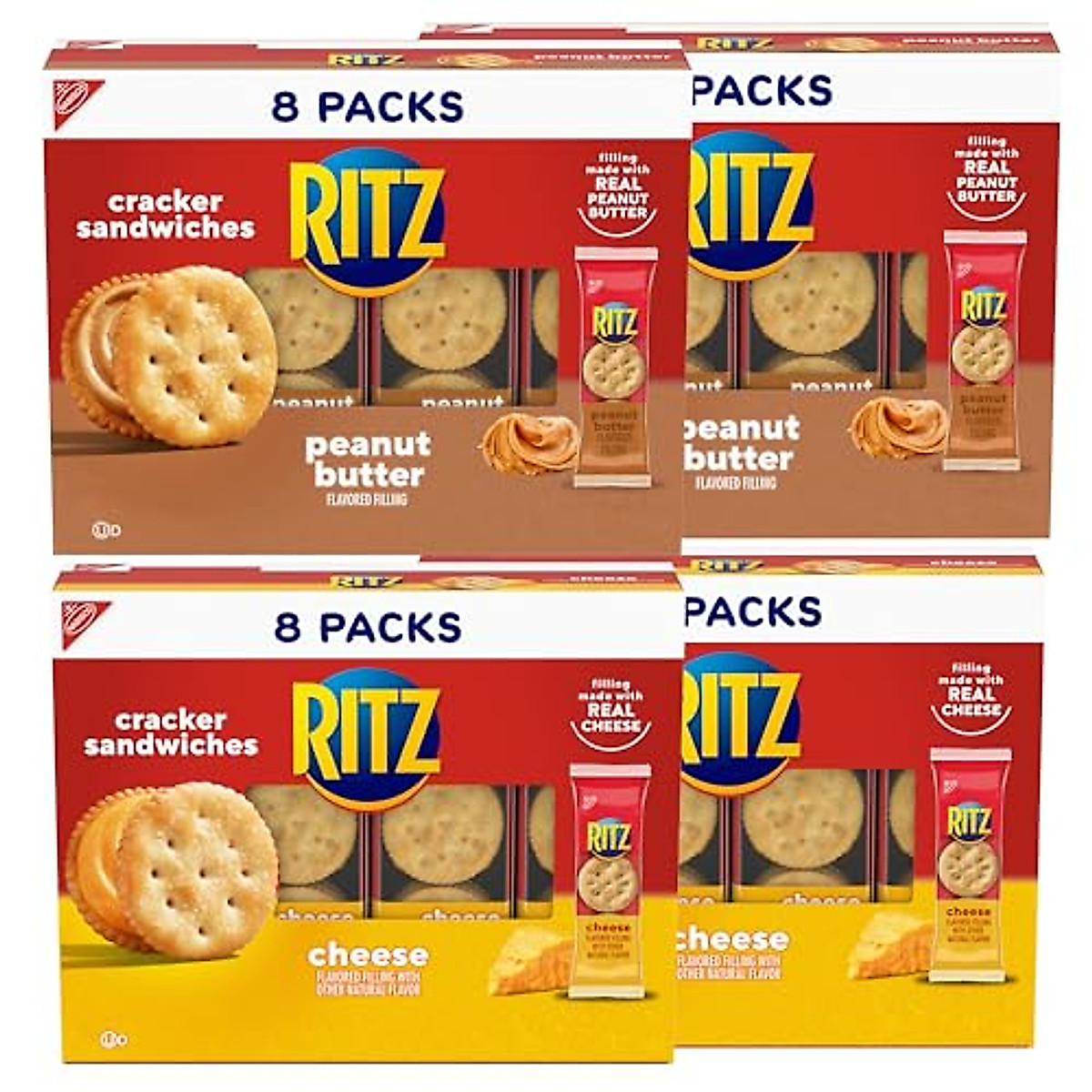 RITZ Peanut Butter Sandwich Cracker Snacks and Cheese Sandwich Crackers, Snack Crackers Variety Pack, 32 Snack Packs (6 Crackers Per Pack)