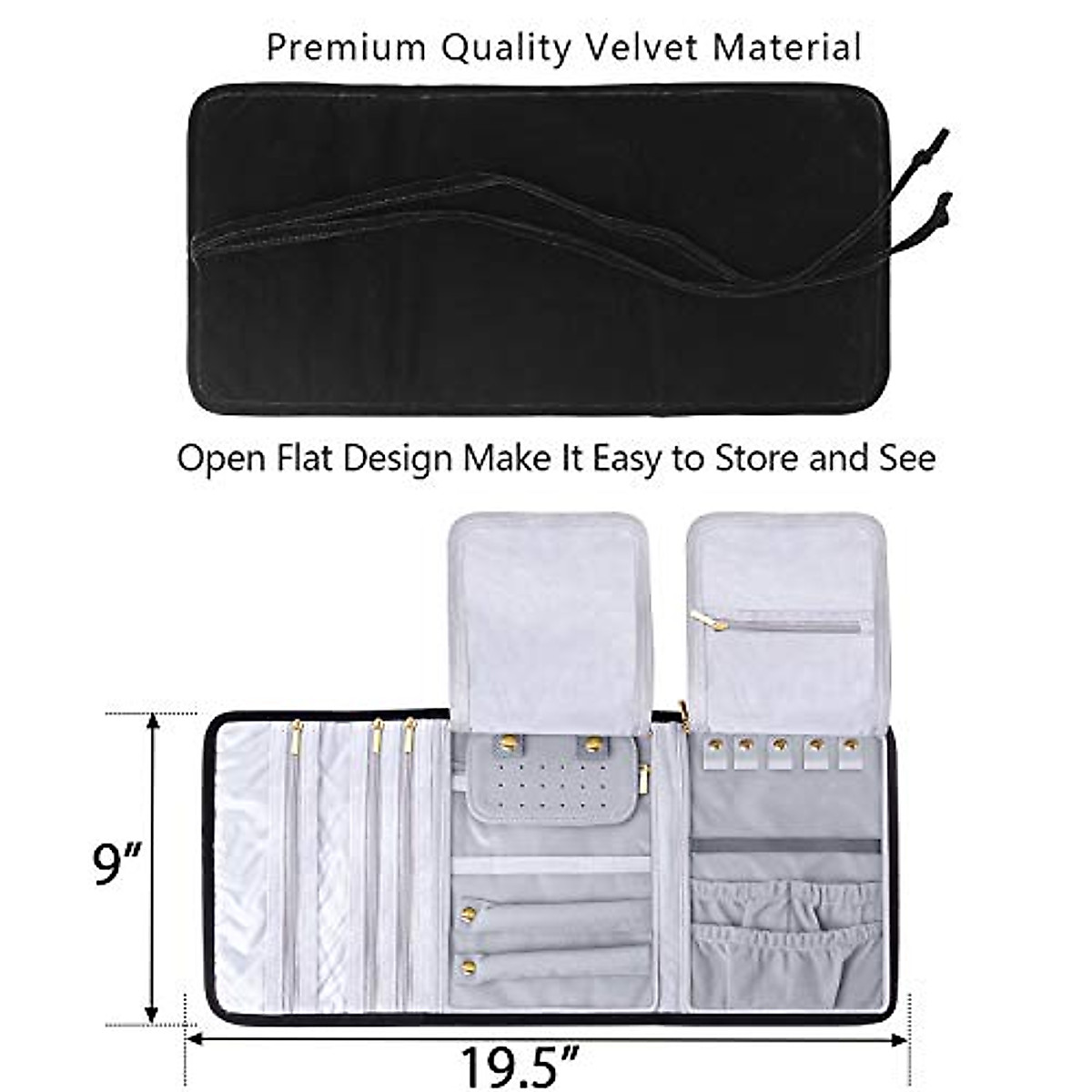 Teamoy Velvet Travel Jewelry Roll, Jewelry Storage Bag Organizer for Necklaces, Earrings, Bracelets, Rings, Brooches and More, Compact and Easy to Carry (Large, Velvet- Black)