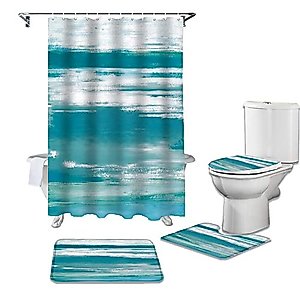 BestLives 4 Pcs Shower Curtain Sets with Rugs Abstract Turquoise Cyan Non-Slip Soft Toilet Lid Cover for Bathroom Ombre Turquoise Art Texture Bathroom Sets with Bath Mat and 12 Hooks