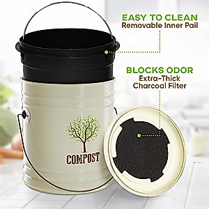 Third Rock - 1.0 Gallon Farmhouse Kitchen Compost Bin - Beige - with 3 Years Supply of Charcoal Filter Replacements