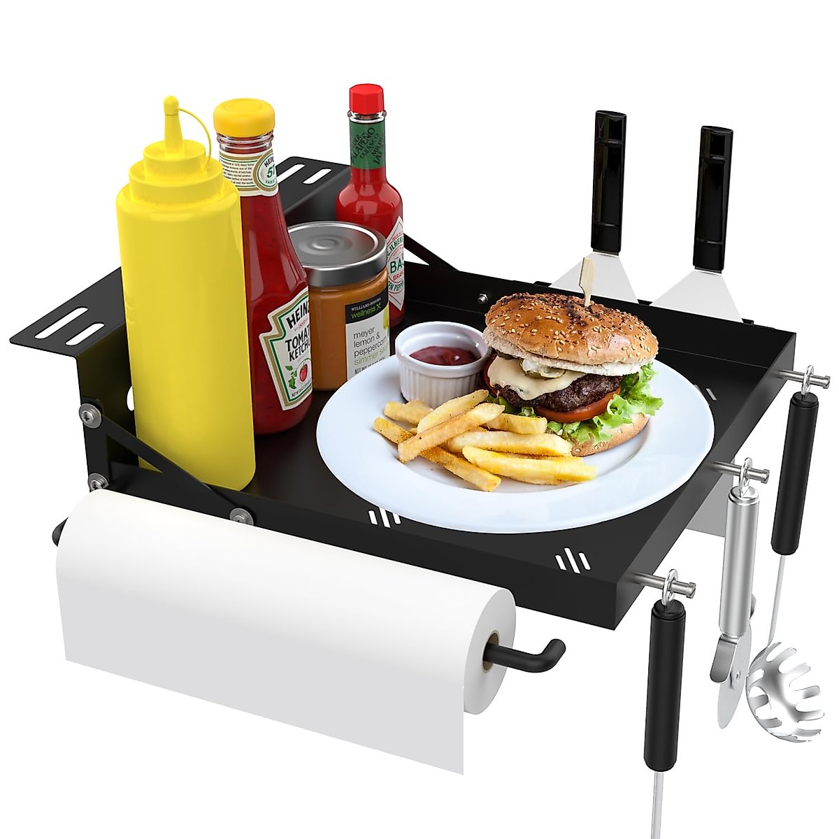 New Upgraded Griddle Caddy Shelf for Blackstone 17"/ 22"/ 28" Griddle, Addition Side Rack Storage Tray with Paper Towel Holder, Spatula Holder and 3 Hooks Organizer for Blackstone Grill Accessories