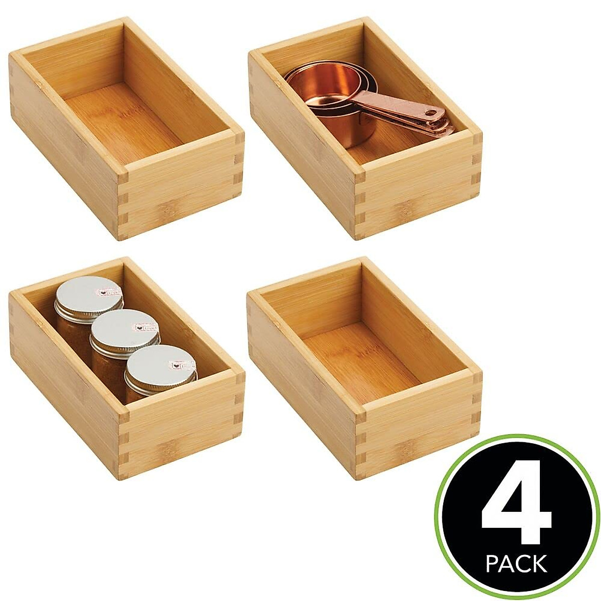 mDesign Wood Bamboo Storage Bin Container, Drawer Organizer Crate Boxes for Kitchen Pantry Cabinet, Shelf, Island or Countertop, Holds Snacks, Spices, or Drinks, Echo Collection, 4 Pack, Natural/Tan