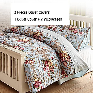 ABREEZE Vintage Floral Duvet Cover Set-100% Egyptian Cotton Peony Bedding Sets Leave Print Bedding Set-Breathable and Soft Duvet Cover Set for All Seasons(King)