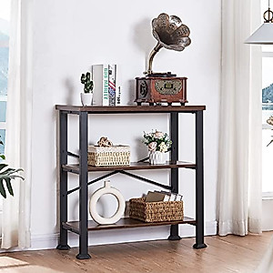 HOMBAZAAR Bookshelf, 3-Tier Vintage Industrial Book Shelf, Rustic Wood and Metal Bookcase and Bookshelves, Free Standing Storage Small Bookshelf for Living Room, Bedroom and Kitchen, Brown