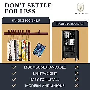 Ash Harbor Floating Wall Bookshelf - Wall Mounted Book Organizer with Included Bookmarks - Hardwood Hanging Bookshelf for Bedroom, Living Room, or Kitchen - A Thoughtful Gift for Book Lovers (Dark)