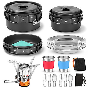 Odoland 16pcs Camping Cookware Mess Kit with Folding Camping Stove, Non-Stick Lightweight Pots Pan Set with Stainless Steel Cups Plates Forks Knives Spoons for Camping, Backpacking, Outdoor Cooking