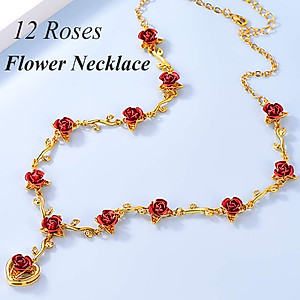 U7 Beautiful Rose Necklace 18K Gold Plated Dozen Flower Link Chain Necklace Choker Collar, Y Necklace for Women, Lover Gift