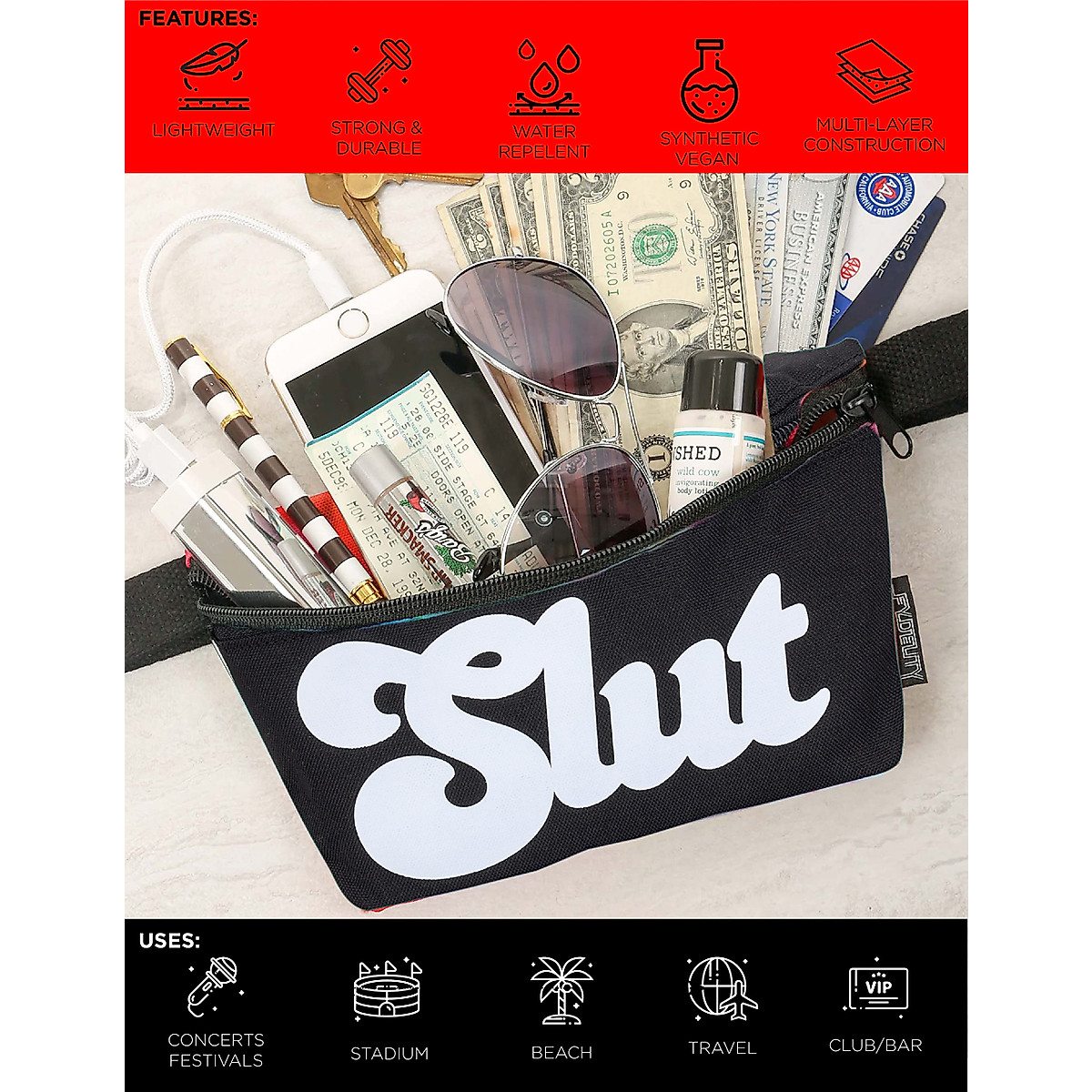 FYDELITY NC-17 90s Black Fanny Pack Crossbody Bags for Women Festival Bag Small Fanny Packs for Women Fashionable Concert Rave Accessories Fanny Pack for Men Womens Fashion Waist (83033)