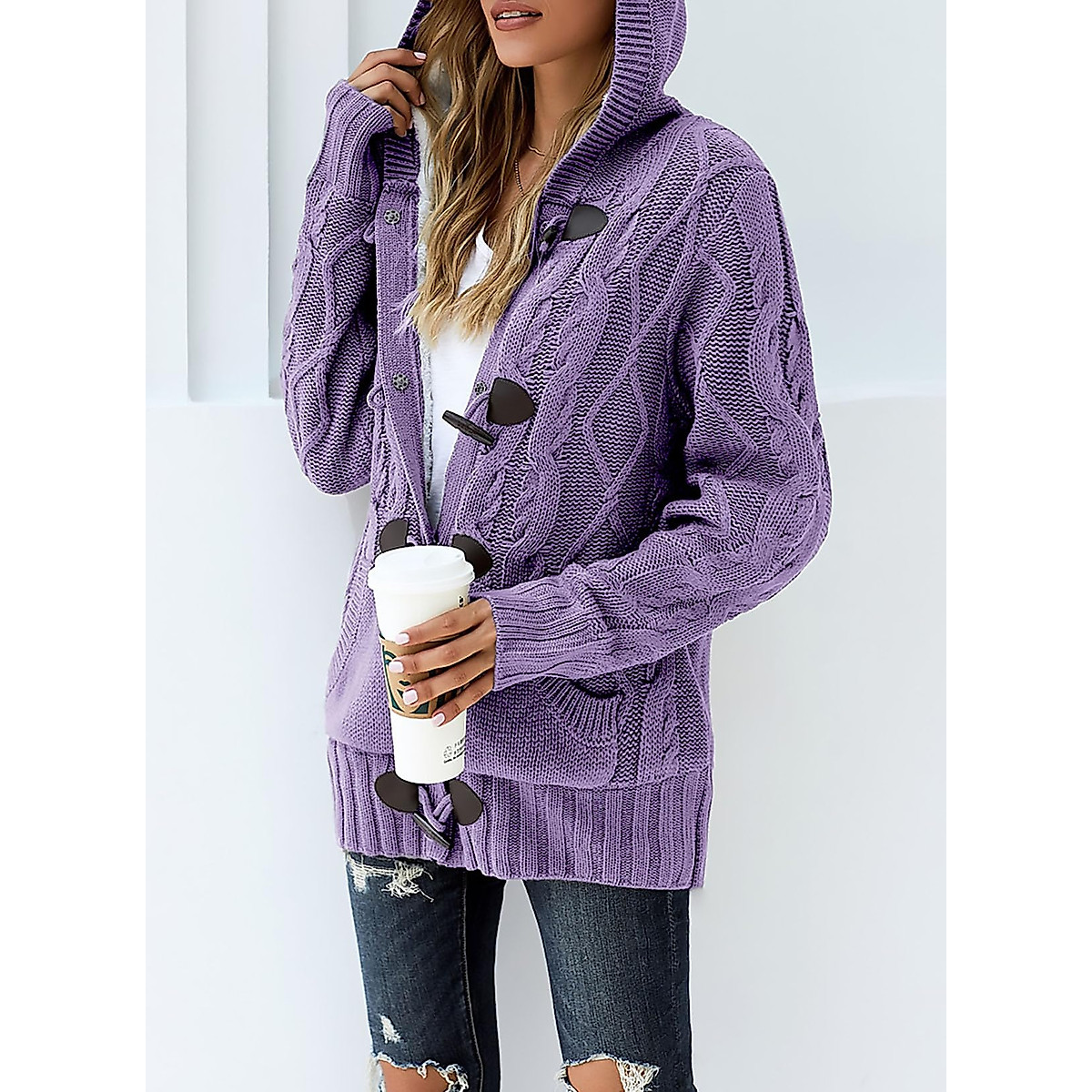 Dokotoo Womens Fashion 2024 Ladies Winter Hooded Casual Fluffy Cardigans Sweaters Solid Open Front Long Sleeve Cable Knit Sweaters Fleece Coats Outerwear with Pockets Purple Medium