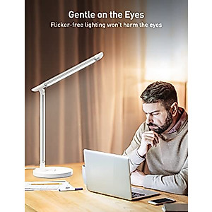 Desk Lamp, Dimmable Desk Light with USB Charging Port, Led Desk Lamp with 10 Brightness Levels & 5 Color Temperature, Touch Control, Adjustable Arm, Eye-Caring for Home Office Bedroom Reading
