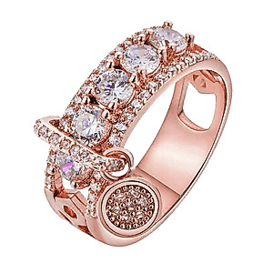 Women Statement Wedding Band Rings Finger Chain Heart Shape Gemstone Engagement Eternity- Punk Cocktail Stacking Promise Anniversary Ring Bridal Band Rings Girl Jewelry Gift size 5-12 (Rose Gold, 11)