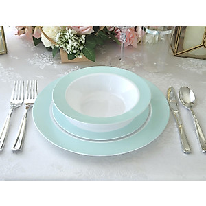 " OCCASIONS " 50 Plates Pack (25 Guests)-Wedding Party Disposable Plastic Plate Set -25x10.5'' Dinner + 25x7.5'' Salad/dessert plates (Rio, White & Pearled Turquoise Blue)