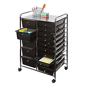 Seville Classics Rolling Utility Organizer Storage Cart , for Home Office, School, Classroom, Scrapbook, Hobby, Craft, 15 Drawer, Black