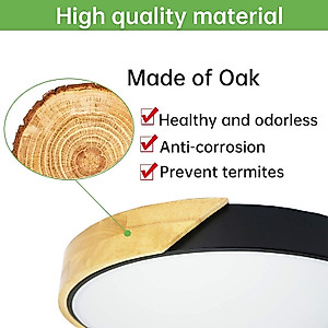 LED Ceiling Light, Minimalist Flush Mount Ceiling Light Fixture, 4500K, Close to Ceiling Light Fixtures with Black Metal and Wood Design, Round Ceiling Lights for Bedroom Closet Hallway