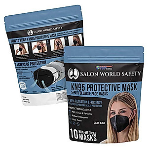 Salon World Safety Black KN95 Protective Masks, Pack of 10 - Filter Efficiency ≥95%, 5-Layers, Sanitary 5-Ply Non-Woven Fabric, Safe, Easy Breathing