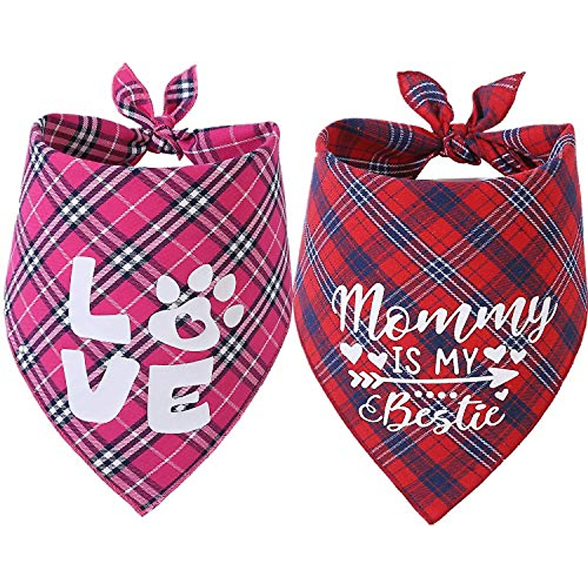 Valentines Day Dog Bandana - Set of 2 Reversible Triangle Bibs Plaid Pet Kerchief Scarf