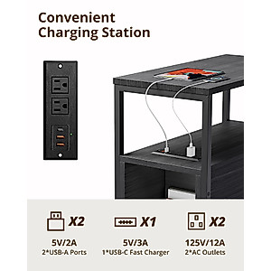 EVASTAR End Table with Charging Station, Narrow Side Table with 2 Drawers, Living Room Nightstand with Storage, Slim Bedside Table for Bedroom, Small Spaces, Black