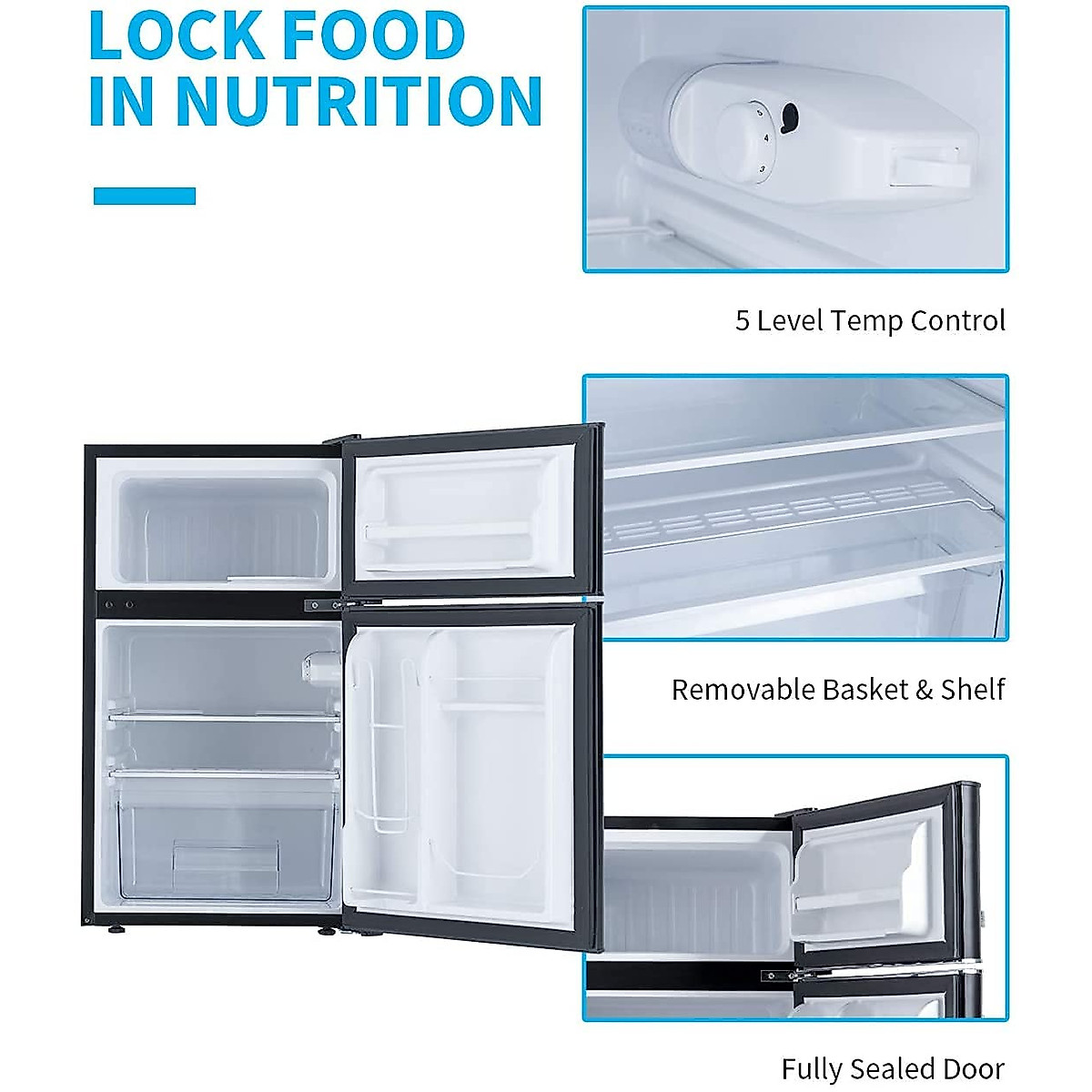 ROVSUN 2 Door Compact Refrigerator with Freezer, 3.2 CU FT Upright Mini Fridge Cooler for Food Drink Beer with Removable Shelves, Ice Tray, Scraper, Perfect for Apartment, Bedroom, Office & Dorm