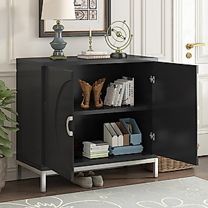 P PURLOVE Accent Storage Cabinet with Adjustable Shelf, Simple Sideboard Storage Buffet Cabinet with Solid Wood Veneer and Metal Leg Frame for Living Room, Entryway, Dining Room,Black