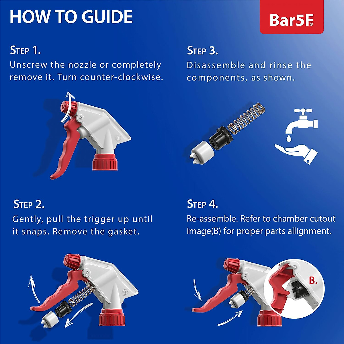 Bar5f 2pk Replacement Trigger Sprayers for 16oz, 24oz or 32oz Bottles, Water and Chemical Resistant (2-Pack, SPM-Series (Red))