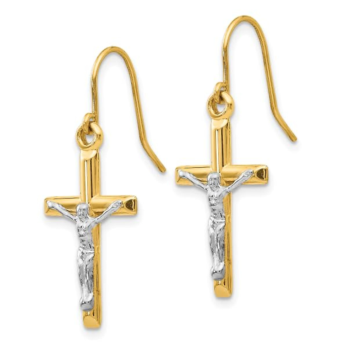 14K Two Tone Gold Lord Jesus Christ Crucifix Holy Hanging Cross Christian Religious Drop Dangle Earrings