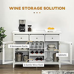 HOMCOM Coffee Bar Cabinet with 3 Drawers, 6-Bottle Wine Rack, Stemware Racks, Glass Door, Sideboard Buffet Cabinet, Wine Cabinet, White