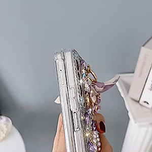 Omio for Samsung Galaxy Z Fold 3 Bling Case with Hand Chain Wrist Strap Bracelet Silk Scarf for Girls Women Sparkle Rhinestone Pearl Crystal Glitter Diamond Shockproof Cover for Galaxy Z Fold 3 Purple