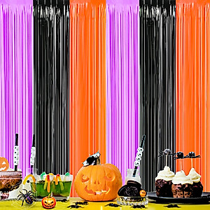 FOIMAS 3 Pack Halloween Tinsel Foil Fringe Curtain,3.3x6.6ft Black Orange Purple Tinsel Fringe Streamers Photo Booth Prop for Halloween Party Decoration Back Drop