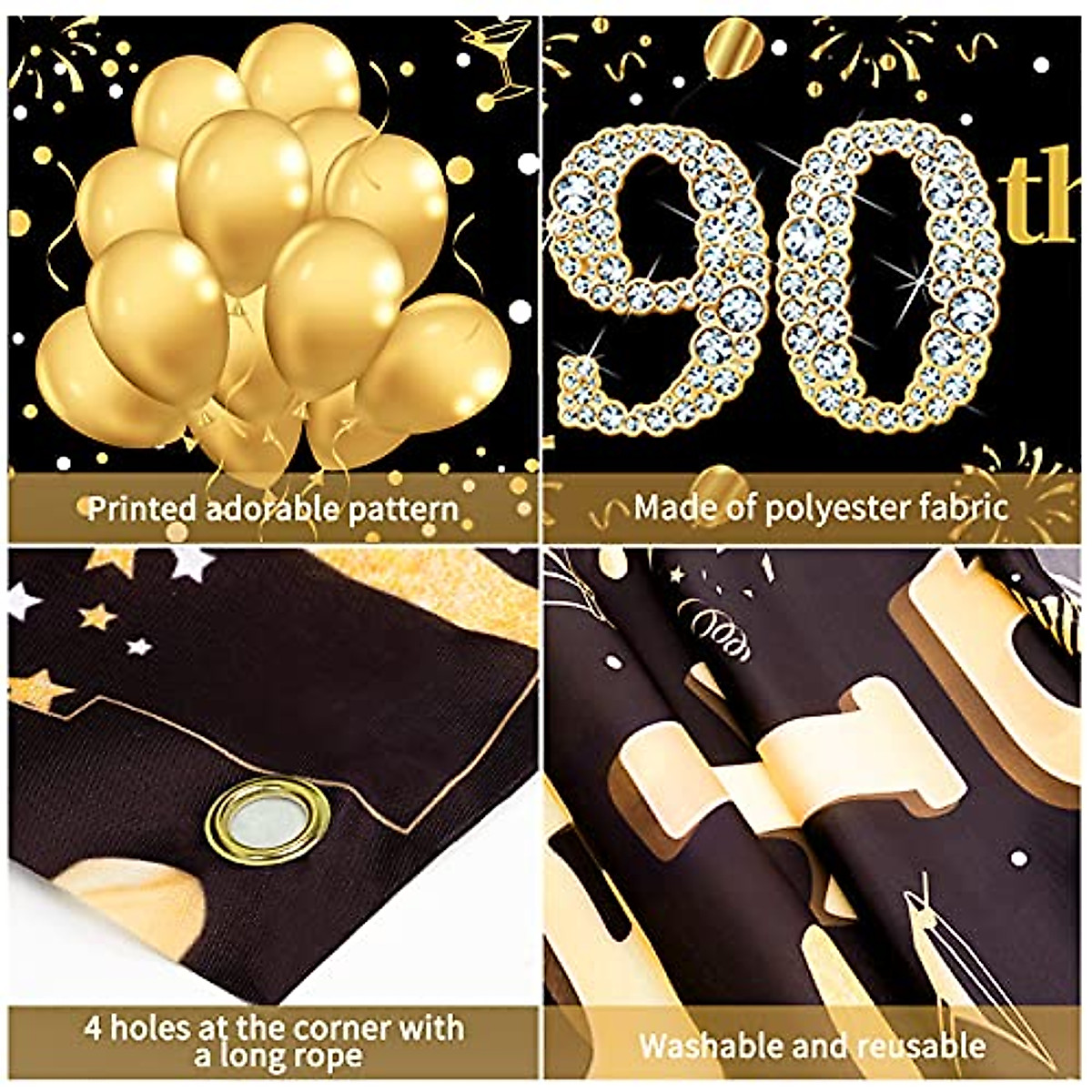 Pimvimcim 90th Birthday Banner Backdrop Decorations for Women Men, Happy 90 Year Old Birthday Party Sign Supplies, Ninety Years Old Birthday Party Decor(Black Gold)
