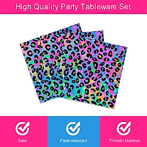 96 Pcs Neon Rainbow Leopard Birthday Tableware Set Girl's Sparkly Paint Splatter Cheetah Party Supplies for 24 Guests Rainbow Leopard Print Pattern Birthday Dinnerware