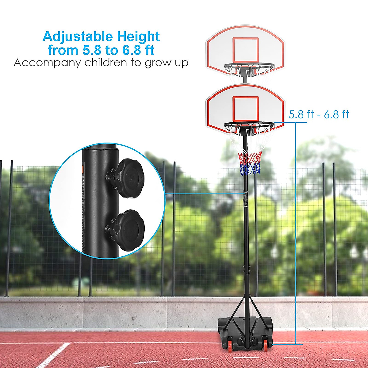 GYMAX Basketball Hoop, 7.1-8.1FT Adjustable Portable Basketball Goal w/Shatterproof Backboard, 2 Wheels & Nets, Indoor/Outdoor Basketball Hoop Stand System for Kids, Teens, Adult, Gym, Driveway