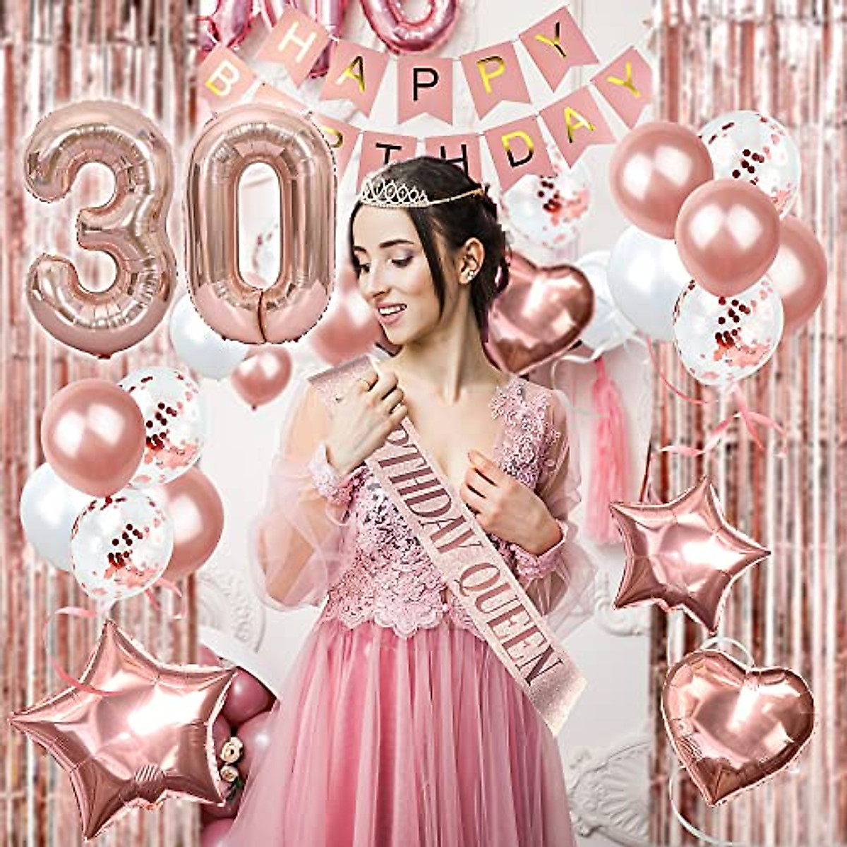 Party spot! 255 Pcs 30th Birthday Party Decorations For Women girls, Rose Gold Birthday Party Decorations Supplies, Balloon Stand Kit, Tableware Kit,Pump, Banner, Tassel Curtain, For 25 Guests