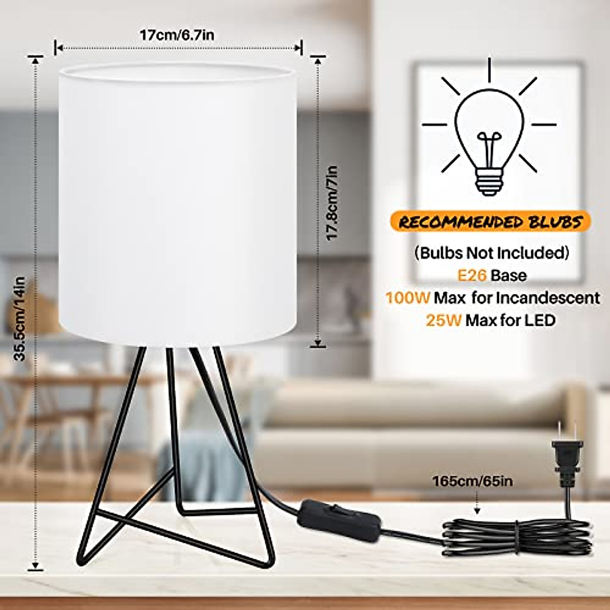 BesLowe Small Nightstand Lamps, Set of 2 Table Lamps, Modern Bedside Lamps with Black Metal Base, White Fabric Shade and ON/Off Switch, Simple Desk Lamp for Kids Bedroom Living Room Office Reading