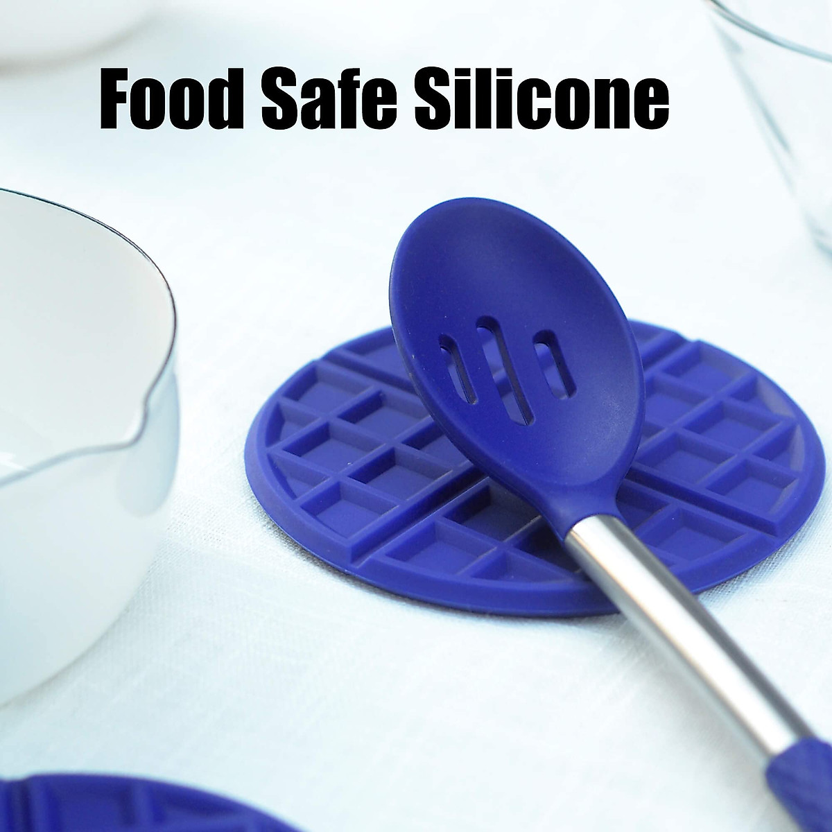 Kaiihome Silicone Kitchen Trivets Pot Holders Round Waffle Hot Pads Plate Holder – Set of 3 (Blue)