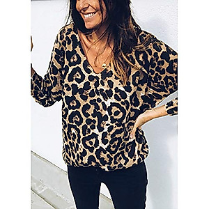 T-shirt for Women THENLIAN Women Plunge V Neck Leopard Print T-shirt Top Long Sleeve Autumn Blouse (Multicolor, L)
