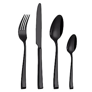 Aimilan 16 Piece Black Flatware Set for 4, 18/10 Stainless Steel Modern Silverware Cutlery Set, Include Fork Knife Spoon, Mirror Finish, Dishwasher Safe (16 Pcs Service for 4)