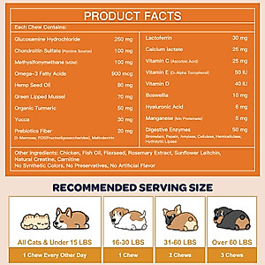 Glucosamine for Dogs, Joint Supplement for Dogs, Chondroitin, Omega-3, MSM, Hemp, Turmeric for Pain Relief, Dog Joint Supplement with Calcium for Bone Health, 120 Chicken Flavored Crunchy Chews