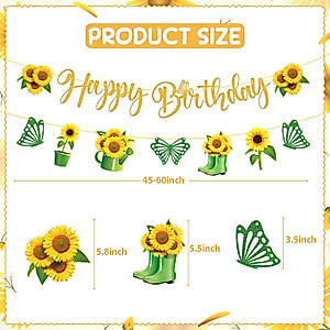 QAMEGX Sunflower Birthday Party Decorations- 2Pcs Rustic Sunflower Bunting Banner with Glitter Butterfly Sun Flower Happy Birthday Banner for Wedding Engagement Bridal Baby Shower Anniversary Graduation Party Supplies