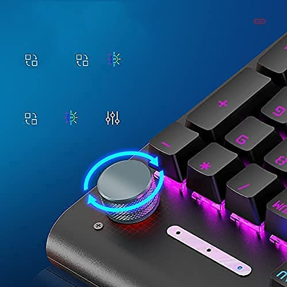 Multimedia Knob Computer Mechanical Keyboard Sandblast Metal Panel,104-Keys Conflict Free Buttons Gaming Keyboard,Dazzle Colour on Both Side, Mouse+Mouse Pads (Black/Raionbow Backlit/Blue Switch)