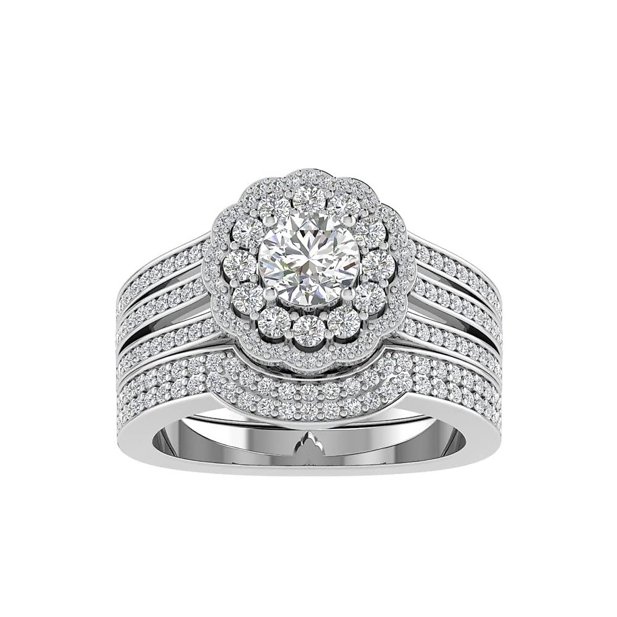 TwoBirch 18k White Gold Microplated Floral Design Duo Bridal Ring Set Engagement Ring and Wedding Band with Cubic Zirconia (SET (2 RINGS), Size 8)