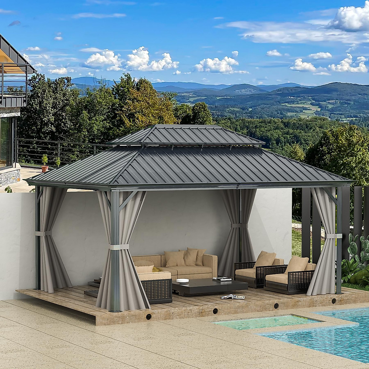 Domi 12'x16' Hardtop Gazebo Canopy,Outdoor Aluminum Gazebo with Galvanized Steel Double Roof,Permanent Gazebo with Drainage System,Curtain and Netting Included,Grey