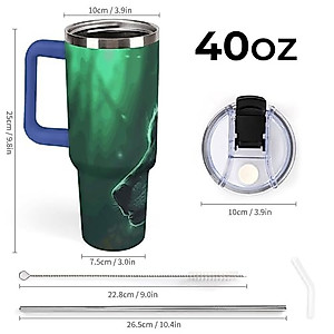 LLUTSNTH 40 Oz Vacuum Tumbler with Deep Blue Handle Leakproof Insulated Tumbler Green Wolf Stainless Steel Travel Mug with Lid And Straw Coffee Cup Cute Water Bottles Cup Holder Friendly