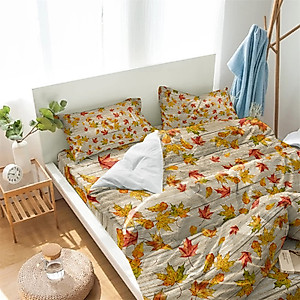 Orange Fall Maple Leaf Farm Wood Grain Thanksgiving Duvet Cover Sets 4 Piece California King Ultra Soft Bed Quilt Cover Set for Kids/Teens/Women/Men,Autumn Leaves Bedding Collection All Season Use