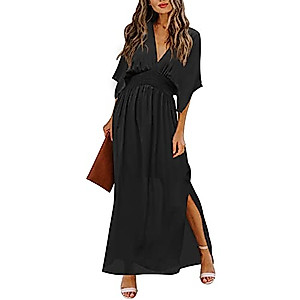 Meenew Women's Deep V Neck Summer Maxi Dress Flowy Long Beach Dress Black S