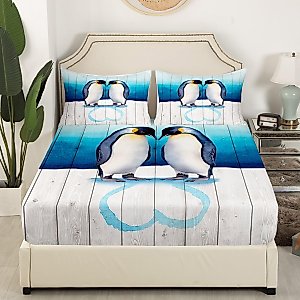 Couple Penguin Bedding Set Twin Size Antarctic Animals Bed Set for Girls Teens Bedroom Decor Kids Penguin Fitted Sheet Soft Microfiber Blue and White Bed Cover(1 Fitted Sheet+1 Pillow Case)