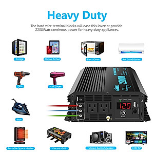 GIANDEL Pure Sine Wave Power Inverter 2200Watt ETL UL458 Listed DC 12V to 120 Vac with Dual AC Outlets and hardwire Blocks & LED Display Remote for RV Truck Boat Solar Emergency【3 YRS Warranty】