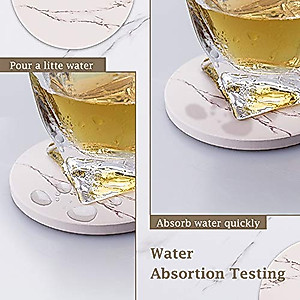 Coasters for Drinks, Absorbent Ceramic Stone Coasters Set with Metal Holder Stand, Cork Base, Marble Surface Pattern, Cups Place Mats for Home Decor, Set of 6 - White